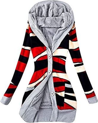 Generic Gilet Femme Grande Taille - Manteau à Capuche pour Dames Chaud Hiver imprimé Cachemire tricoté épais Bouton vers Le Haut Grande Taille mi-Longueur Man