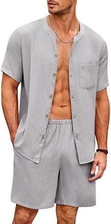 Ekouaer Ensembles de Pyjama Homme Eté Coton Conjuntos de Pijama Loisir Respirant Pantalones de Pijama Doux avec Patte de Boutonnage, Gris, M
