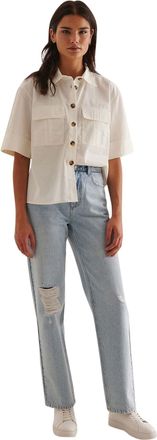 NA-KD Damen Oversized Pocket Shirt Hemd mit Button-Down-Kragen, Natur, 38