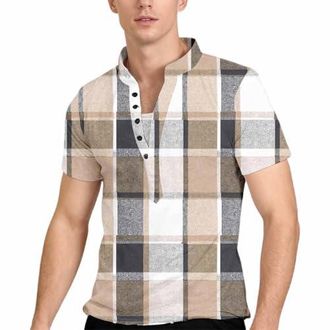 Generic Chemise Henley &agrave; manches courtes pour homme, col montant, t-shirt &agrave; carreaux, d&eacute;contract&eacute;, r&eacute;tro, boutonn&eacute;, l&eacute;ger, t-shirt d&eacute;t&eacute; confortable, t-shirt d