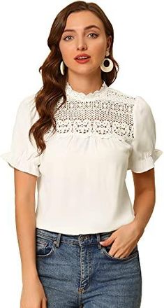 Allegra K Chemisier dété décontracté en Mousseline de Soie pour Femmes avec Panneau en Dentelle et col Montant Blanc XS