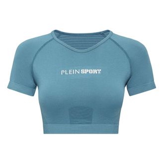 Plein Sport Femme, Tops, Bleu, Taille: 46 FR Seamless Cropped T-shirt V-Neck SS Logo
