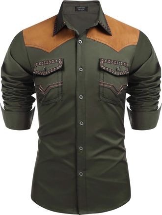 Coofandy Western-Cowboy-Hemd f&uuml;r Herren, bestickt, lang&auml;rmelig, schmale Passform, l&auml;ssig, Baumwolle, Button-Down-Hippie-Shirt, mit Taschen, Gr&uuml;n (Army Green), 