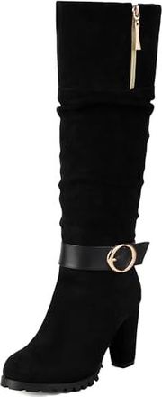 SJJH Bottes montantes au genou - Manchette pliable - Bottes pour femme pour le quotidien et la soci&eacute;t&eacute; - Talon 8,5 cm - Plateforme 1 cm - Polyvalentes, Noi