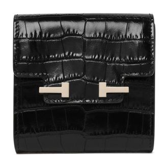 Tom Ford Femme, Accessoires, Noir, Taille: ONE Size Portefeuille en cuir fa&ccedil;on croco avec fermoir en T