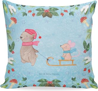 Mr. & Mrs. Panda Sofakissen Bär und Maus Schlitten - Geschenk, Couchkissen, Kissen 40x40 Waschbar, Advent, Nikolaus, Kopfkissen, Winter