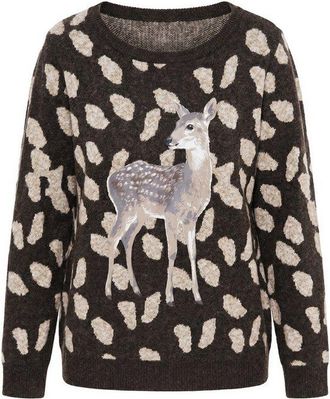 Ulla Popken Strickpullover Pullover Rehkitz Rundhalsausschnitt Langarm