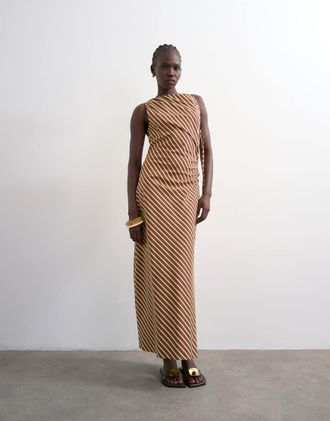 Topshop Robe mi-longue &agrave; rayures avec fronces sur les c&ocirc;t&eacute;s et &eacute;paules fronc&eacute;es - Marron et citron vert-Multicolore