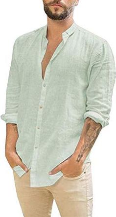 ORANDESIGNE Homme Chemise à Manches Longues en Lin Basic Business Loisirs Mariage Slim Fit Chemise Vert XXL