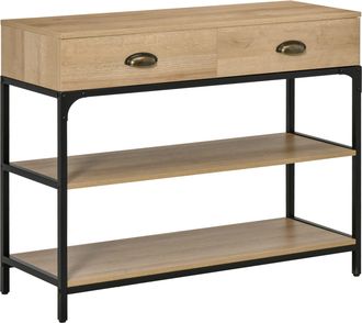 HOMCOM Konsolentisch Eingangshalle Tisch mit 2 Schubladen und 2 Regalen Stahlrahmen Flur Flurm&ouml;bel Wohnzimmer 100x35x79,2 cm Eiche