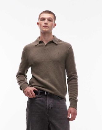 AllSaints Statten - Lang&auml;rmliges Polohemd aus Strickstoff in Gr&uuml;n