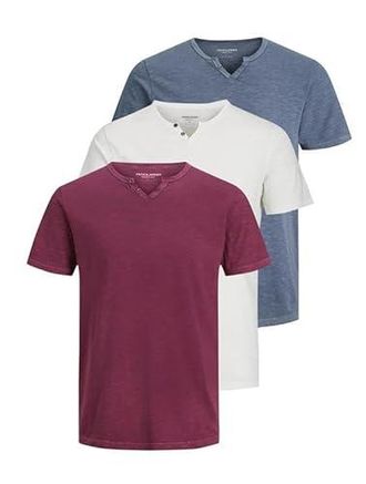 Jack & Jones JJESPLIT T-Shirt Basique pour Homme, col en V, Manches Courtes, en Jersey de Coton, avec Boutons, Lot de 3 (Pack A : Port Royale, Flint Stone, Cloud D