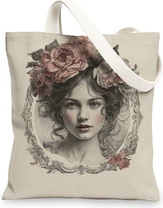 Generic Sacs fourre-tout vintage en toile à motif floral artistique, sacs à provisions réutilisables, légers et lavables avec bandoulière, beige, 13x15 Inch