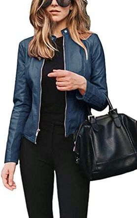 Onsoyours Femme Veste en Cuir PU Vintage Bombers Moto Blouson Manteau Simili Cuir Biker Jacket Zippé Chaud Casual A Bleu Foncé XS