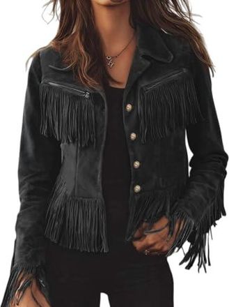 Generic Vestes en daim synth&eacute;tique &agrave; franges pour femme, style vintage, cowgirl occidentale, pompons, haut de moto en daim pour femme, haut &agrave; revers, Noir, XX