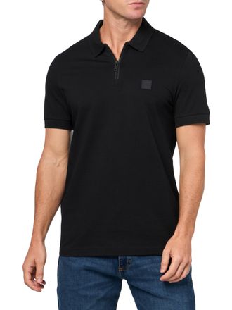 BOSS Herren-Poloshirt mit Patch-Logo, Rei&szlig;verschluss, schwarz-Carbon, Klein