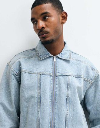 Liquor & Poker ensemble coordonn&eacute; avec veste en jean coupe carr&eacute;e ornement&eacute;e de strass, d&eacute;lavage vintage bleu clair