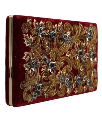 Dolce & Gabbana Womens Red Velvet Gold Frame Clutch Evening Party Purse Bag Cotton