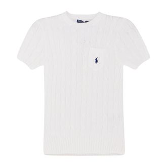 Polo Ralph Lauren Femme, Pulls, Blanc, Taille: 42 FR Pull en Tricot Torsad&eacute; &agrave; Manches Courtes et Col Ras du Cou