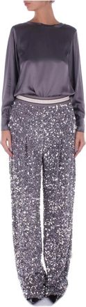 Elisabetta Franchi Femme, Pantalons, Gris, Taille: 42 FR Pantalon en chenille brod&eacute; de sequins