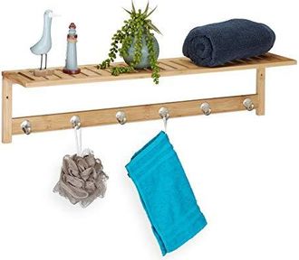 Relaxdays Wandhandtuchhalter mit Ablage, 6 Haken, Bad & Flur, schmal, Bambus, HBT: 18 x 75 x 16 cm, Wandgarderobe, natur, 1 Stück
