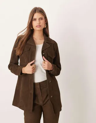Mango Monte - Longline-Jacke aus 100% Leder in Braun, Kombiteil-Brown