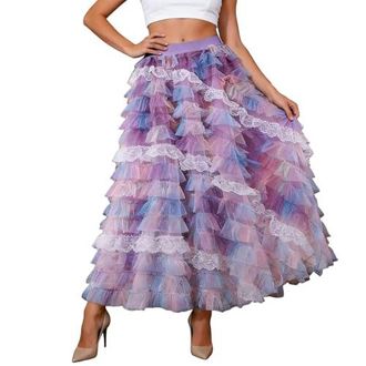 Generico Jupe maxi d&eacute;contract&eacute;e en tulle pour femme Taille haute &eacute;l&eacute;gante Taille &eacute;lastique douce, violet, Taille Unique