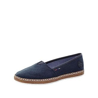 Rieker Chaussures plates M2278 pour femmes, espadrilles, slip-ons, chaussures &agrave; enfiler, tress&eacute;es, aspect raphia, mocassins, bleus (14), 37 EU/ 4 UK