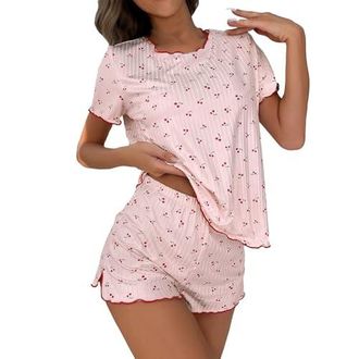 Generic Pyjama pour femme - Petite taille - Motif cerises - D&eacute;contract&eacute; - Bordure en laitue - Pyjama en soie pour femme, rose, S
