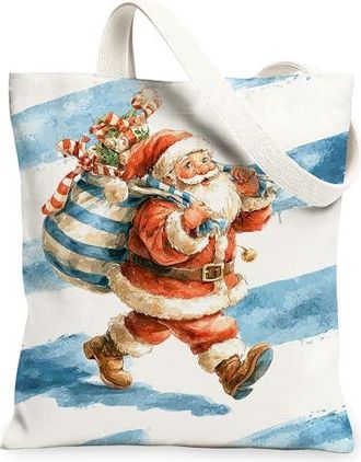 Generic Sac fourre-tout vintage en toile motif P&egrave;re No&euml;l r&eacute;utilisable, l&eacute;ger et lavable avec bandouli&egrave;re pour le shopping, Blanc, 13x15 Inch