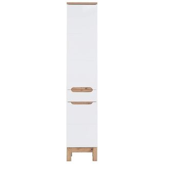 Selsey Jakarta - Bad-Hochschrank schmal 2-t&uuml;rig Schublade und Hochglanzfronten Wei&szlig;/Holzoptik, 35x187cm