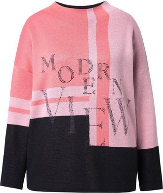 Ulla Popken Jacquardpullover Pullover Glitzer-Schriftzug Stehkragen Langarm