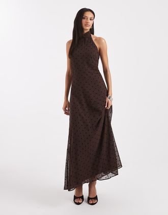 Asos Hochgeschlossenes Maxikleid aus Chiffon in Schokobraun mit Punktemuster-Brown