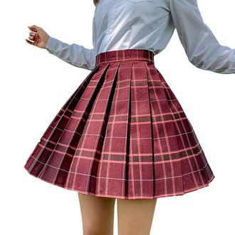 Minetom Damen Kariert Rock Frauen M&auml;dchen Kurze Hohe Taille Gefaltete Skater Tennis Schule Rock Faltenr&ouml;cke Minirock Kurz Skirt Weinrot XXL