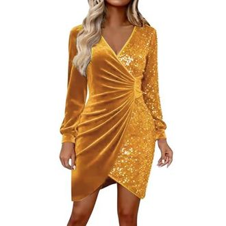 Generic Robe de f&ecirc;te pour femme en velours dor&eacute; avec paillettes - Manches longues - Tendance et sexy - Robe d&eacute;t&eacute; courte moulante, or, XXL