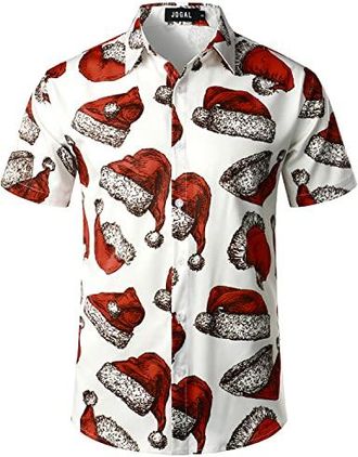 JOGAL Chemise de Noël funky à manches courtes pour homme - Chemise hawaïenne boutonnée - Imprimé Père Noël - Chemise de loisirs, Chapeau rouge, XL