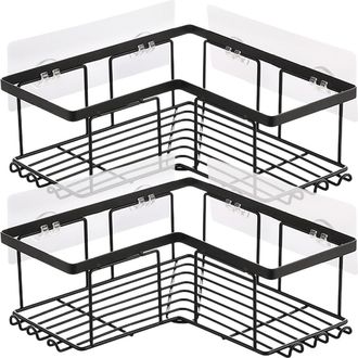 FOMIYES 2 St&uuml;ck Duschablage Eckregal ohne Bohren Schwarz Rostfrei mit Klebehalterung und Haken Offenes Gitter f&uuml;r Dusche im Badezimmer Platzsparender Organize