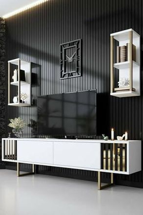 Dmora TV-Schrank Eunomia, Wei&szlig;, 180x30x48, 5 F&auml;cher, 6 Einheiten