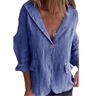 Generic Southwestm Blazer en coton et lin décontracté à revers simple bouton pour femme Blazer léger dété décontracté pour femme, bleu, 4XL
