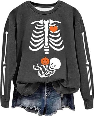 Generic Pull fin à manches longues et col rond pour femme - Automne et hiver - Imprimé Halloween, gris foncé, XXL
