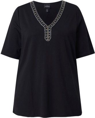 Ulla Popken T-Shirt T-Shirt A-Linie verzierter V-Ausschnitt Halbarm