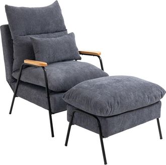 HOMCOM Homcom - Fauteuil lounge style n&eacute;o-r&eacute;tro avec repose-pied - dossier inclinable - structure acier noir accoudoirs bois h&eacute;v&eacute;a rev&ecirc;tement velours cotel&eacute;
