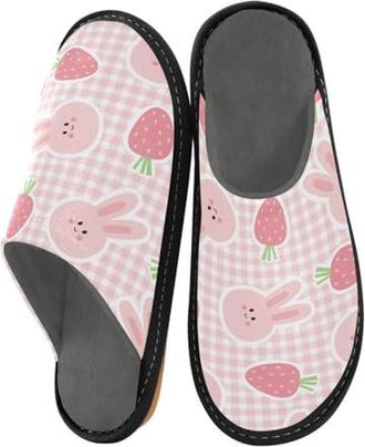 HMZXZ Pantoufles roses &agrave; carreaux pour homme et femme Motif fraise Lapin, multicolore, 37.5/38 EU