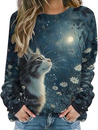 Generic Pull pour femme - Chandail en molleton motif chat britannique pour joli pull graphique col rond surdimensionn&eacute; fantaisie, Noir, XL