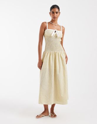 Kiss The Sky Jules - Gesmoktes Midaxi-Kleid aus Seersucker in Zitronengelb kariert