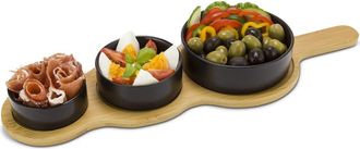 ROMINOX Geschenkartikel Servierschalen // Tre Nera, 4-teiliges Set aus 3 Keramikschälchen auf Bambusbrett mit Griff, zur Präsentation von Snacks, Tapas oder D