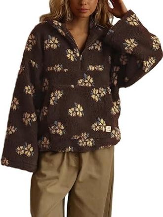 Generic Y2k Pull en polaire à col montant pour femme avec fermeture éclair Motif floral, marron, XXL