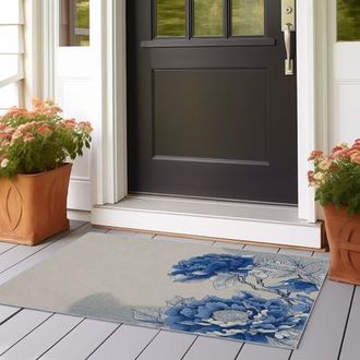 Generic Bleu Lavable en Machine Tapis Salon Fleurs pivoines Style Chinois, 120 x 180 cm Doux Tapis de Sol Pelucheux Dessous Antid&eacute;rapant, Entree Interieur Cha