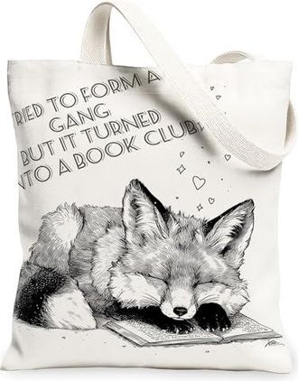 Generic Sac fourre-tout en toile motif renard, sac d&eacute;picerie r&eacute;utilisable, l&eacute;ger et lavable avec bandouli&egrave;re pour le shopping, blanc, 13x15 Inch