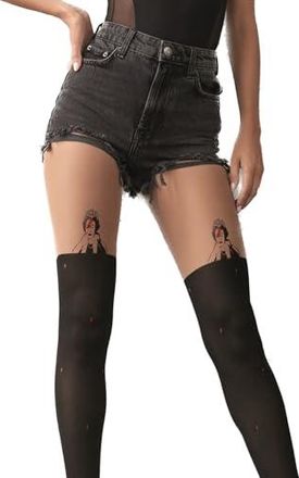 Marilyn Banksy Queen Collants au look cuissardes avec motifs graffiti Banksy 60 deniers, Beige (beige et noir), 42-44